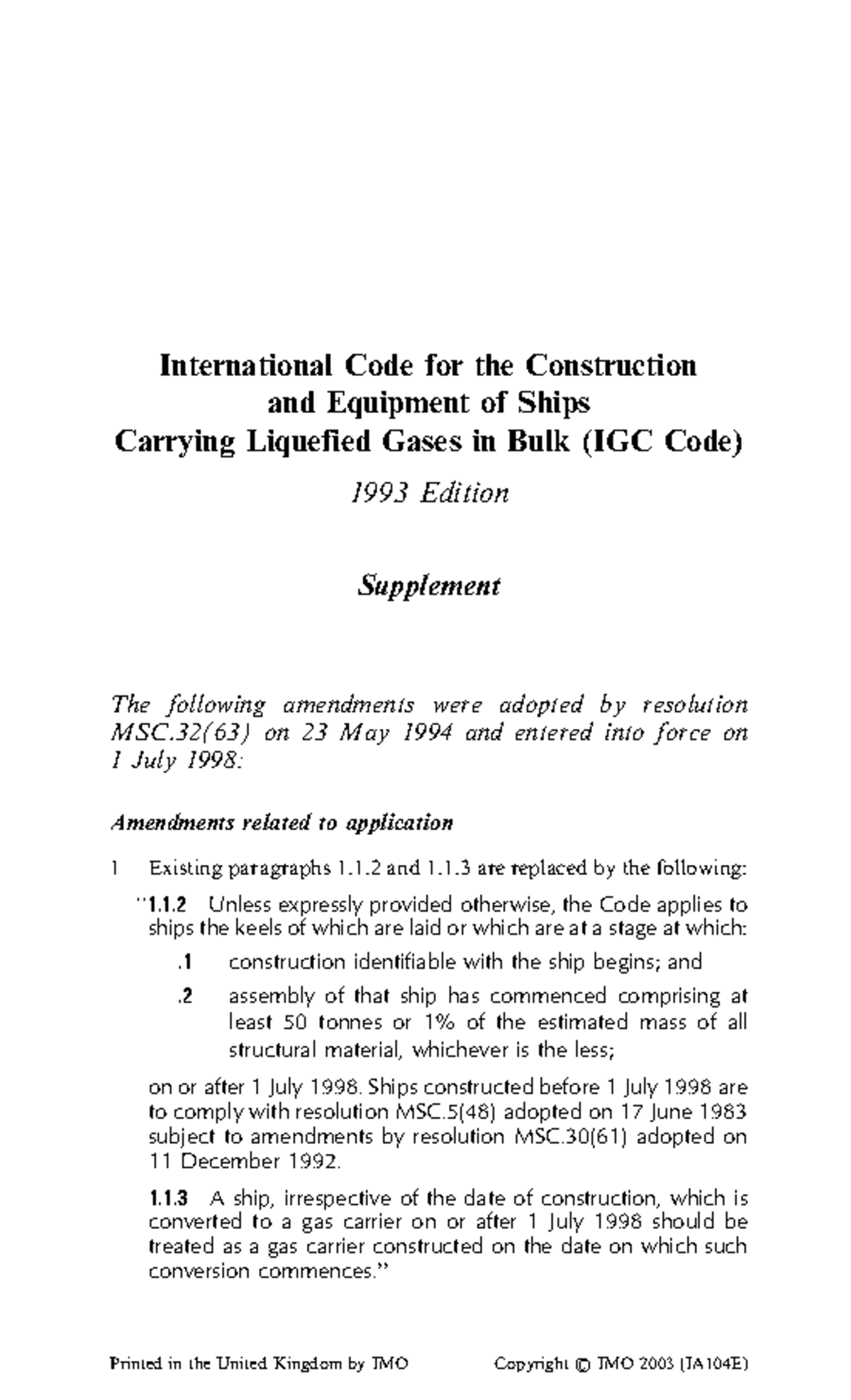 IGC 2003 sup - Tous le monde - International Code for the Construction and Equipment of Ships ...