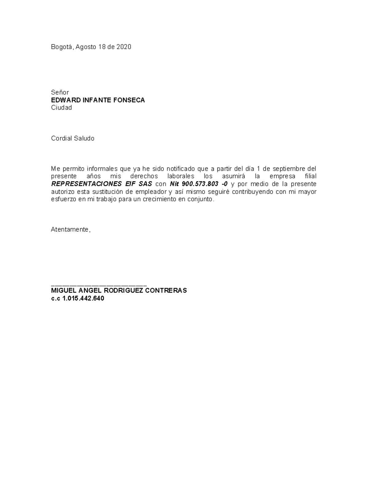 Autorizacion Sustitucion - Bogotá, Agosto 18 de 2020 Señor EDWARD ...