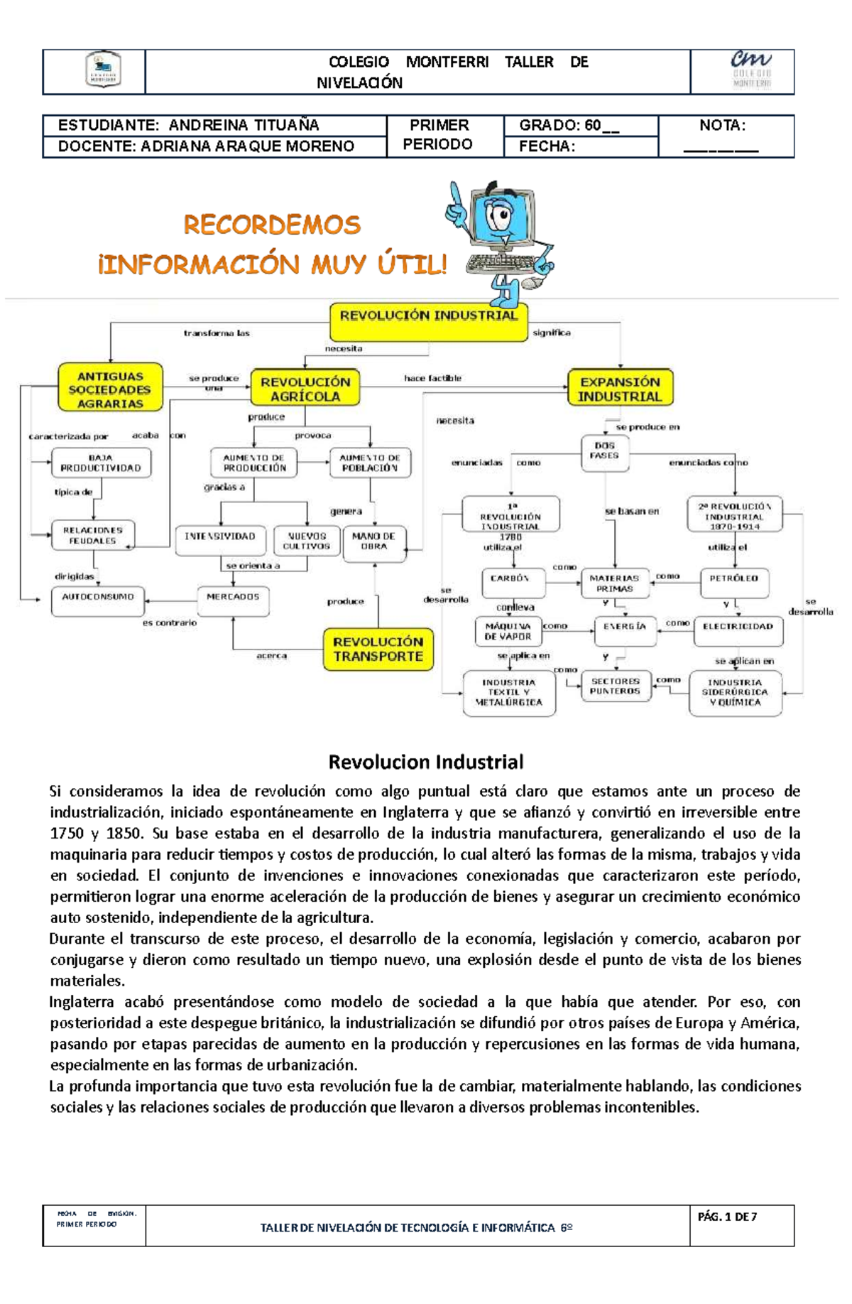 Taller de la Revolucion Industrial - COLEGIO MONTFERRI TALLER DE NIVELACIÓN ESTUDIANTE: ANDREINA ...