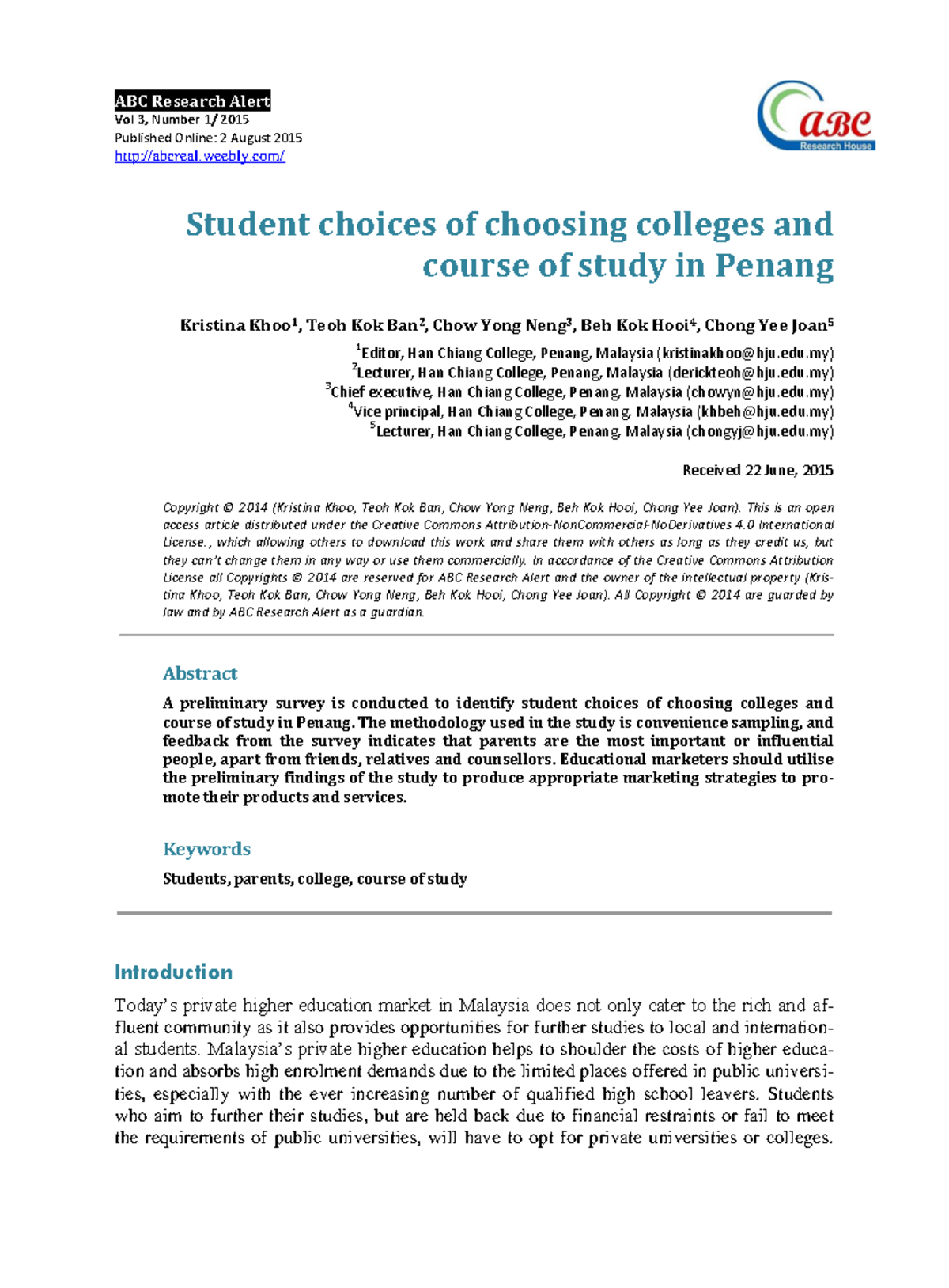 17. Student choices of choosing colleges and course of study in Penang ...