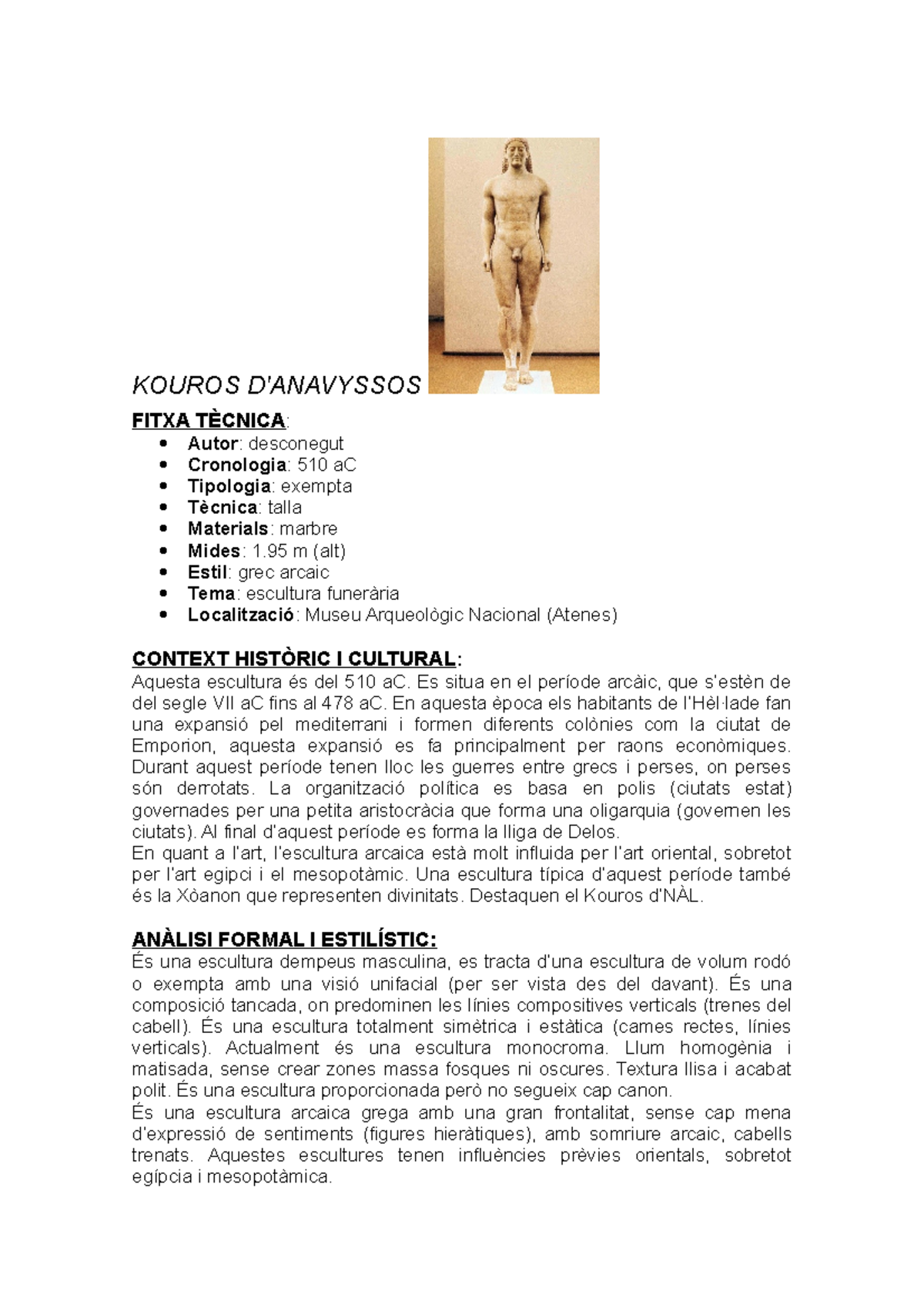 Kouros D'Anavissos - KOUROS D'ANAVYSSOS FITXA TÈCNICA: Autor ...