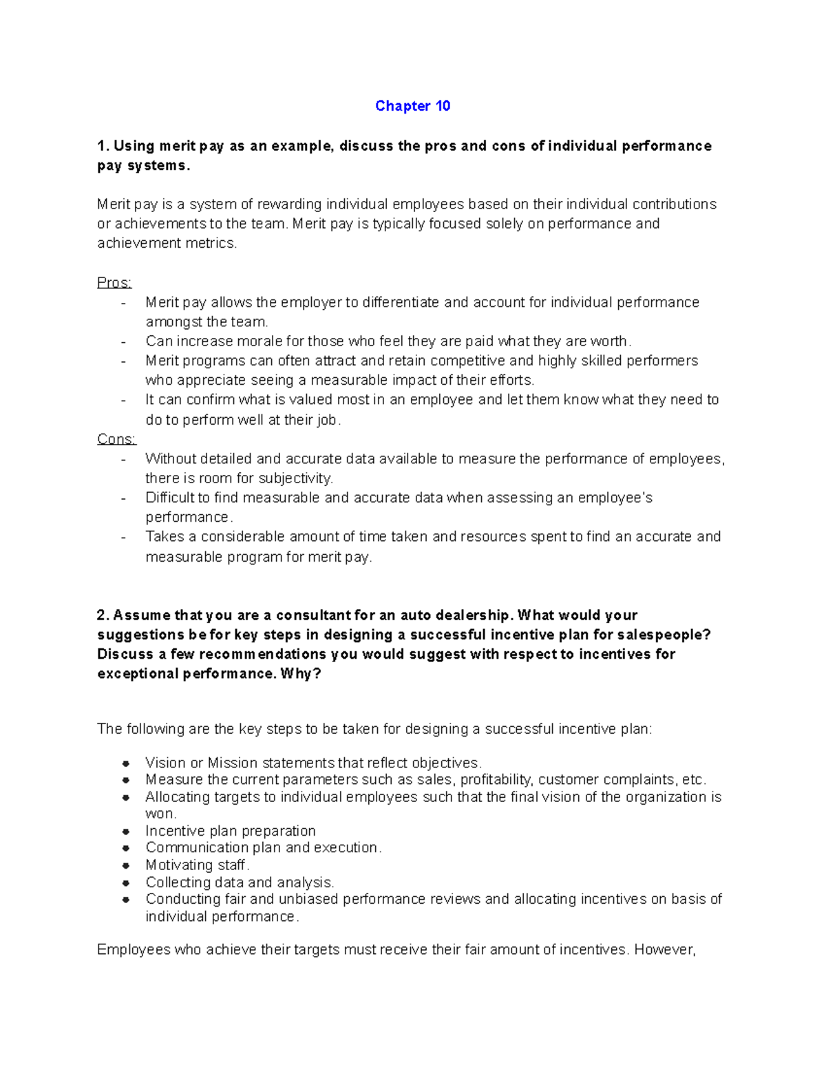 HR Exam SA - short answers - Chapter 10 Using merit pay as an example ...