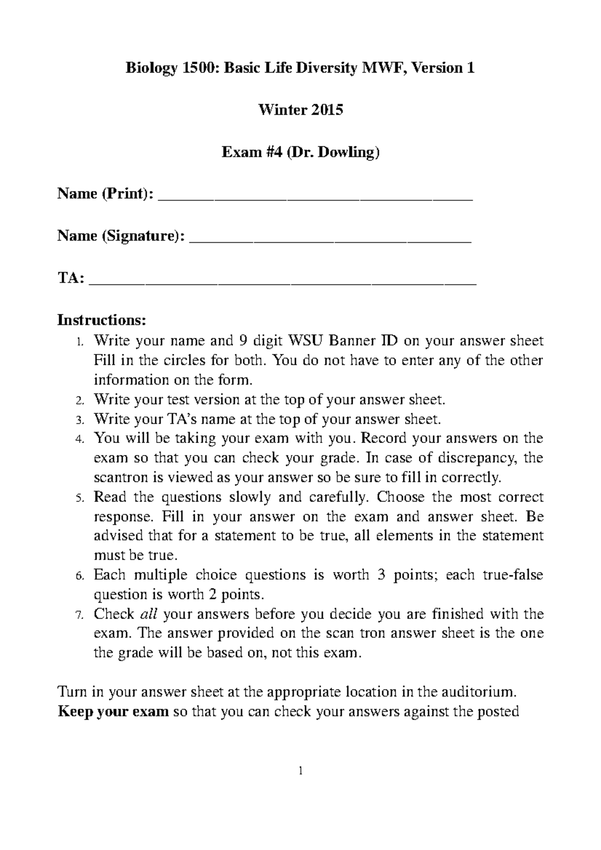 BIO 1500 - Exam 4 Answer Key - Biology 1500: Basic Life Diversity MWF ...