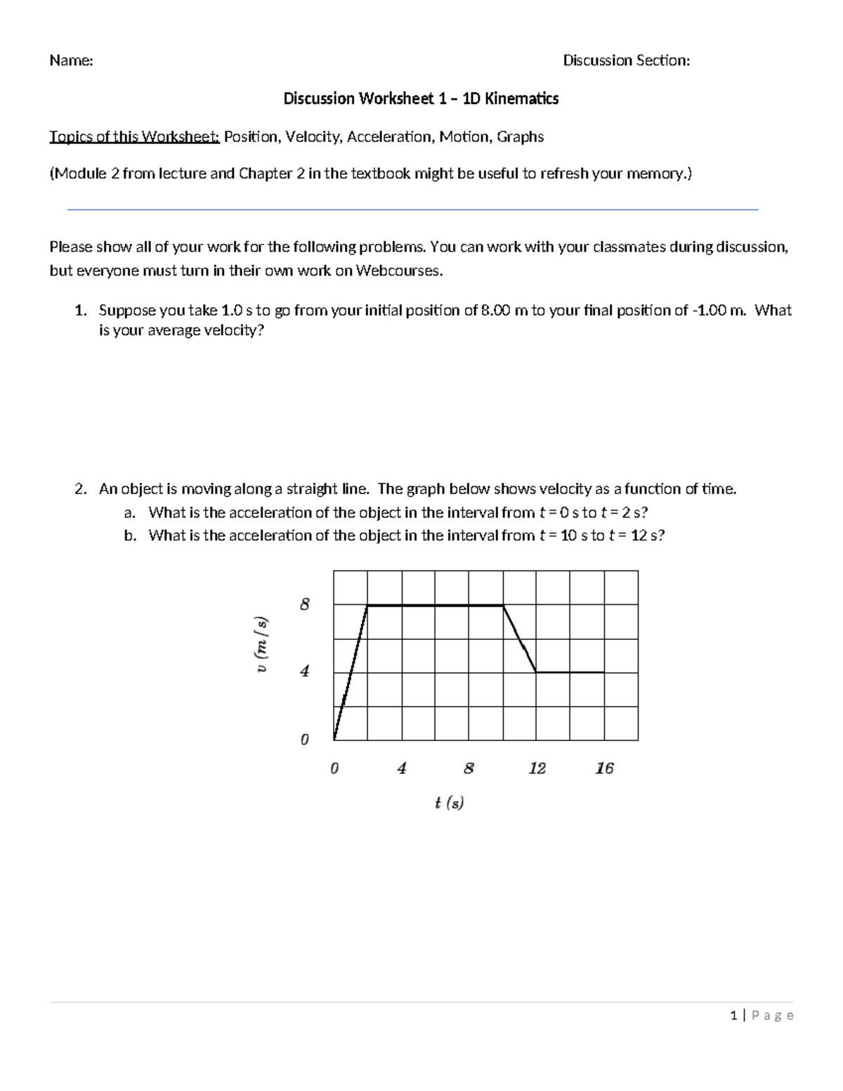 Discussion Worksheet 1 - 1D Kinematics - Name: Discussion Section ...