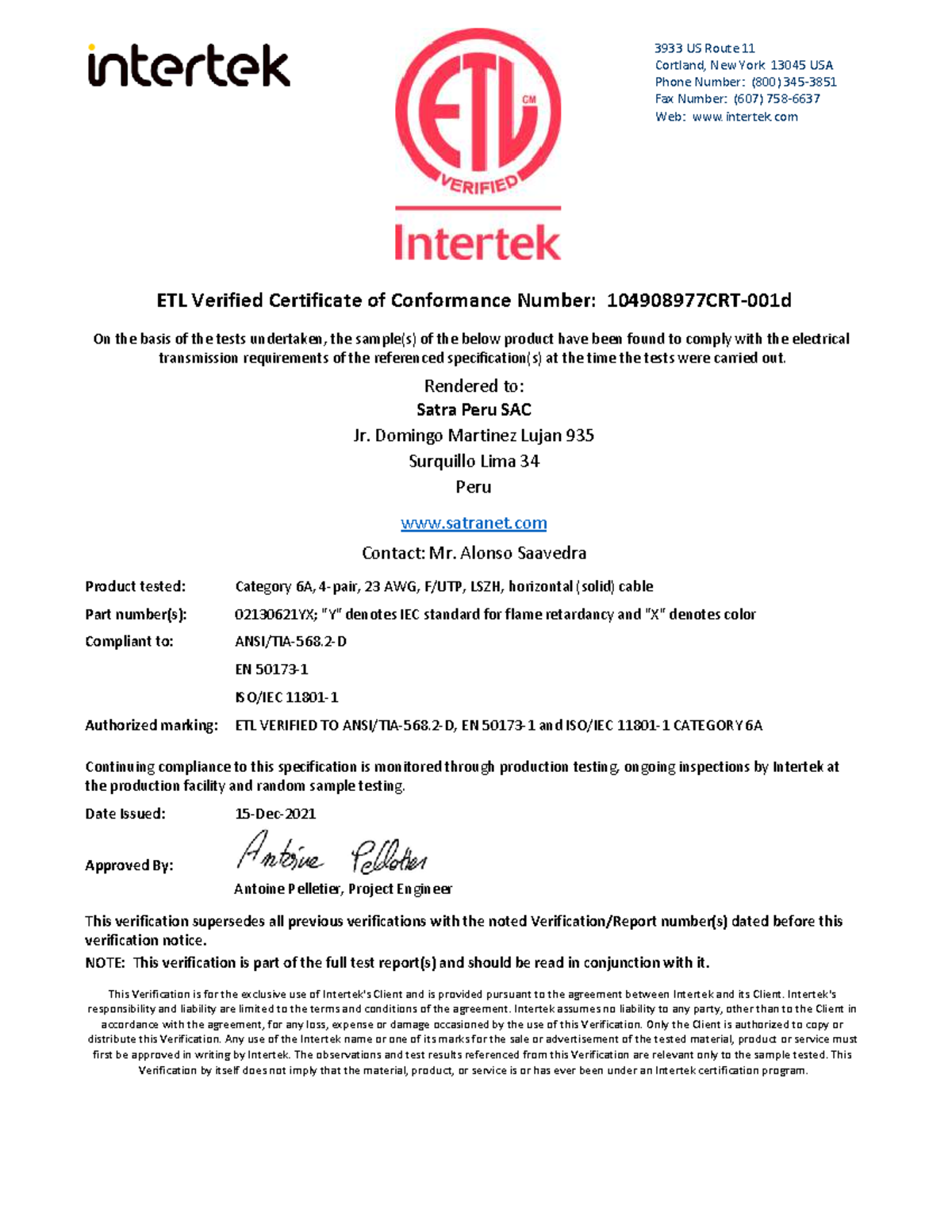 Certificacion ETL Cable Cat6A Lsfrzh - 3933 US Route 11 Cortland, New ...