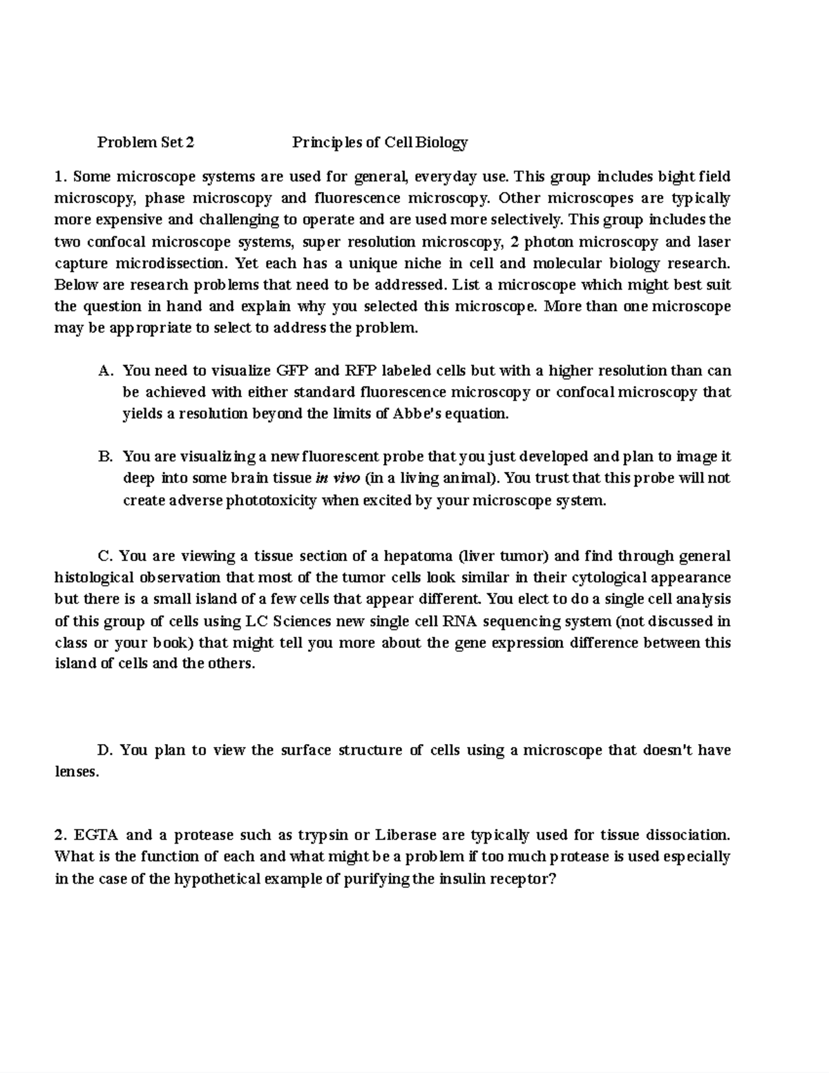 Problem Set #2 - Cell Bio - Problem Set 2 Principles of Cell Biology ...