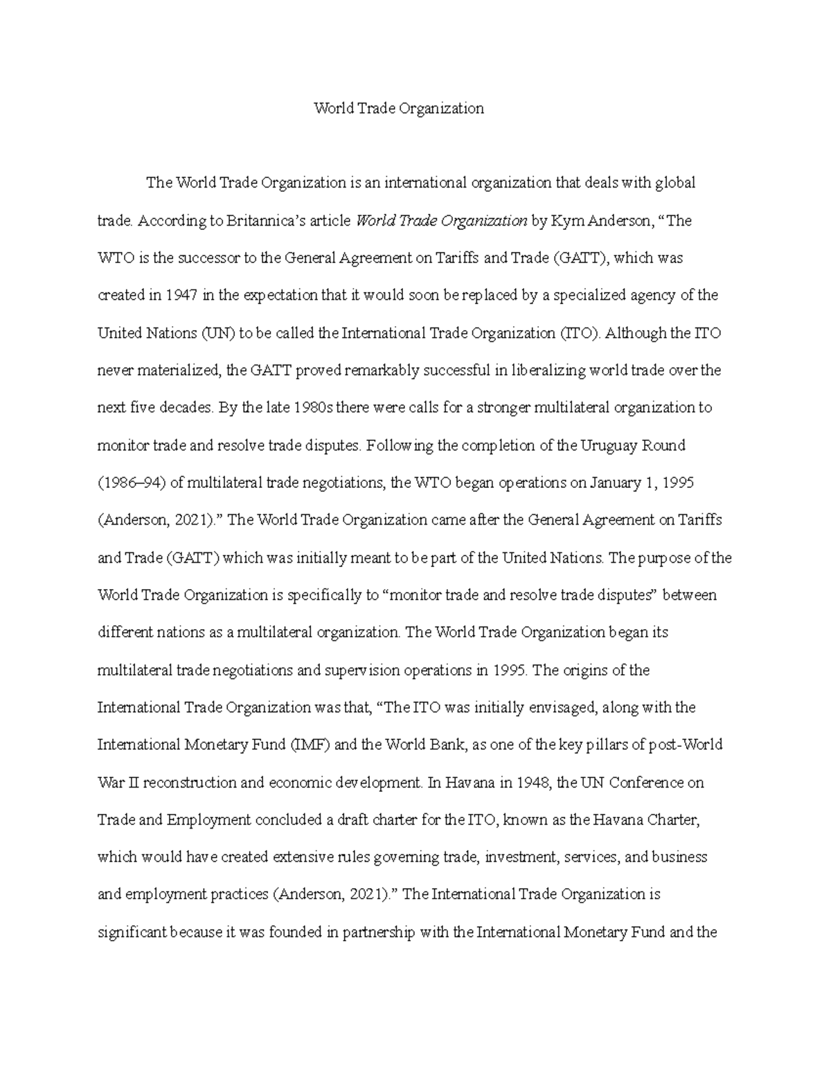 World Trade Organization Essay - According to Britannica’s article ...