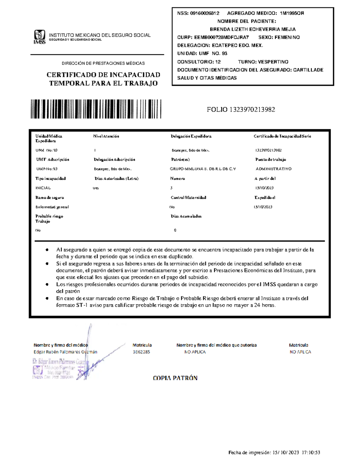 Formato incapacidad imss editable word00 - Al asegurado a quien se ...