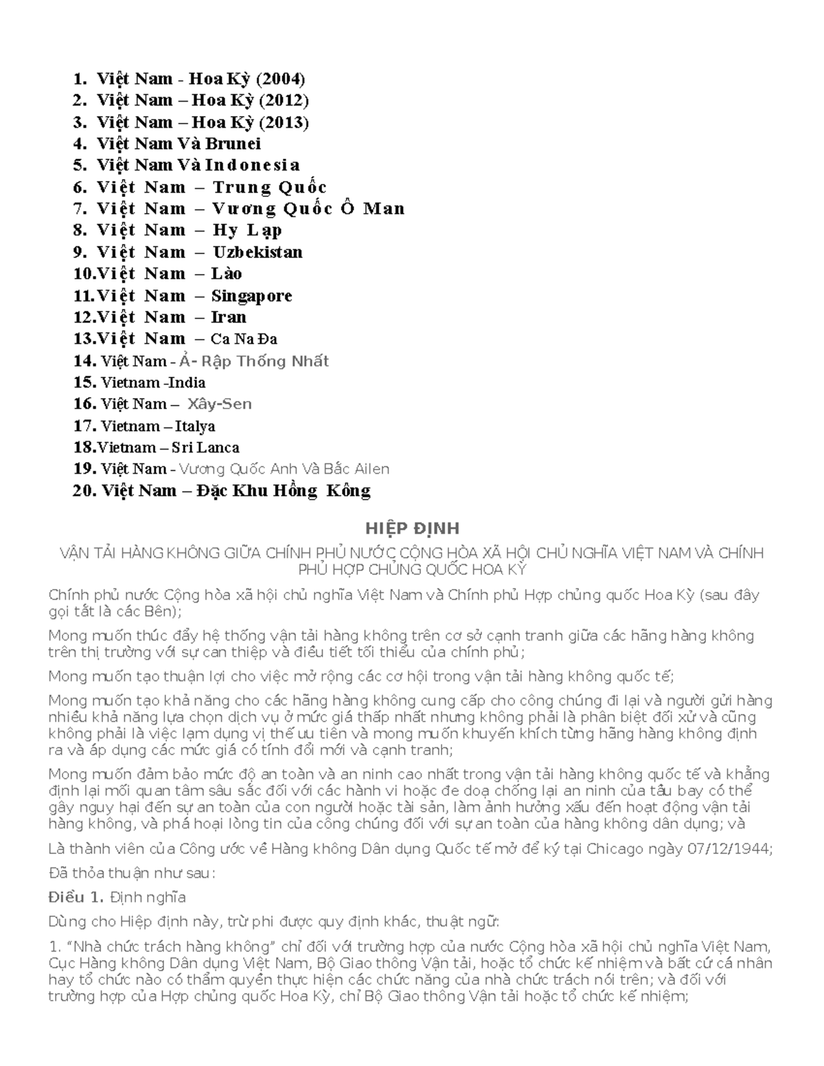 BỘ HIỆP ĐỊNH VCHK - 2022 - 1. Việt Nam - Hoa Kỳ (2004) 2. Việt Nam ...
