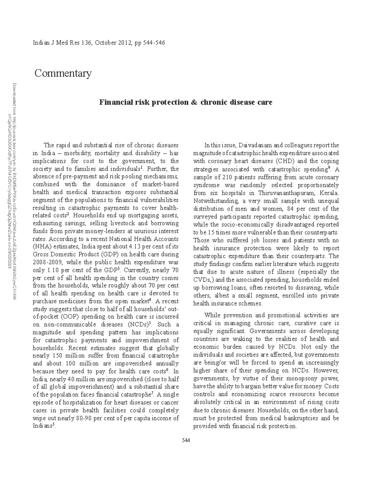 Financial risk protection chronic disease care - Commentary 544 ...