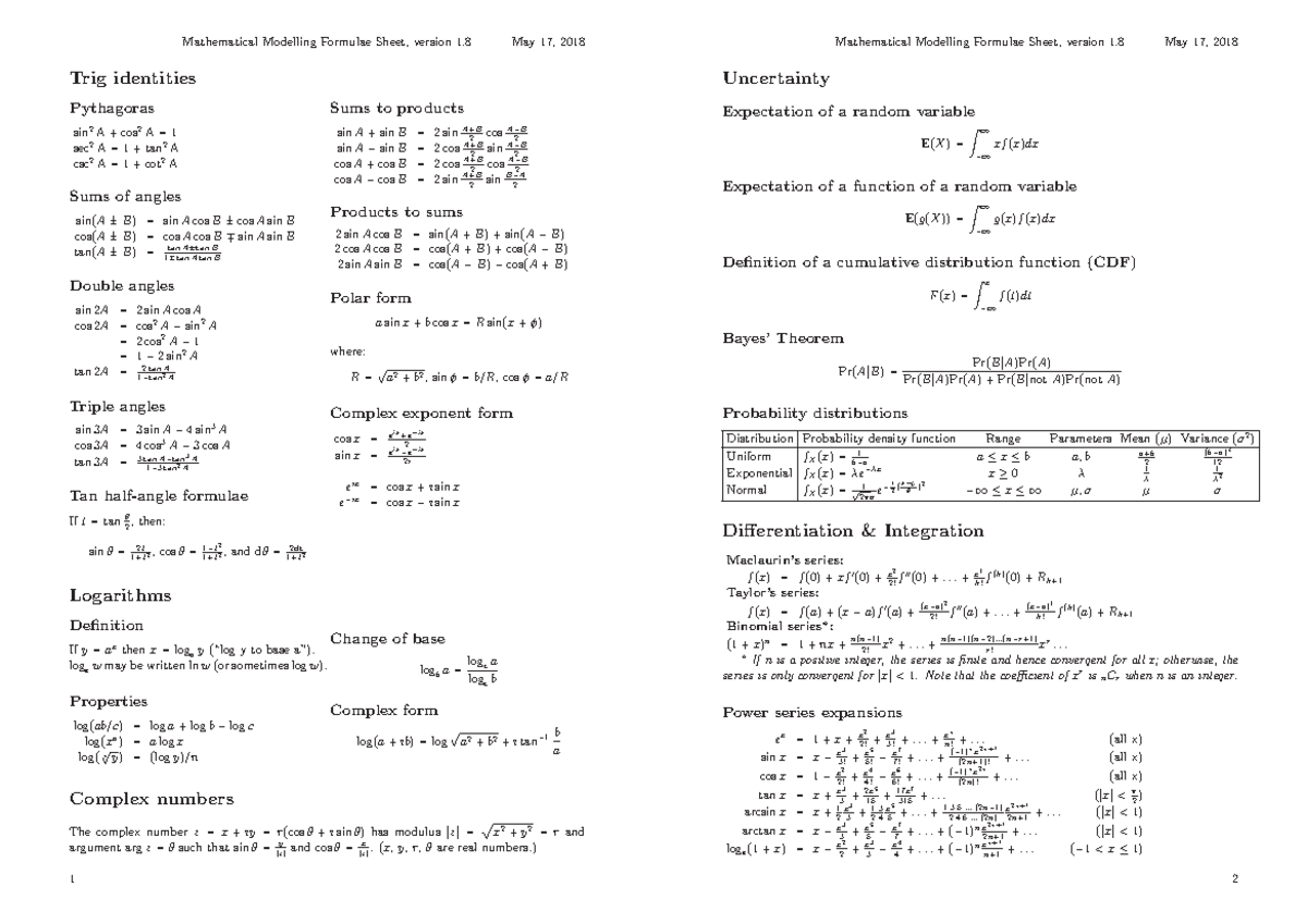 Formula Sheet Rev 08-2up Large - Mathematical Modelling Formulae Sheet ...