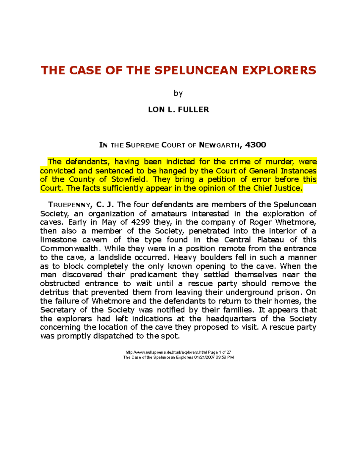 Speluncean Explorers Case - THE CASE OF THE SPELUNCEAN EXPLORERS by LON ...