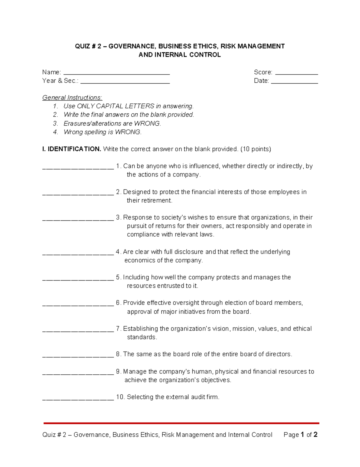Corporate Governance Accountabilities and Responsibilities - QUIZ # 2 ...
