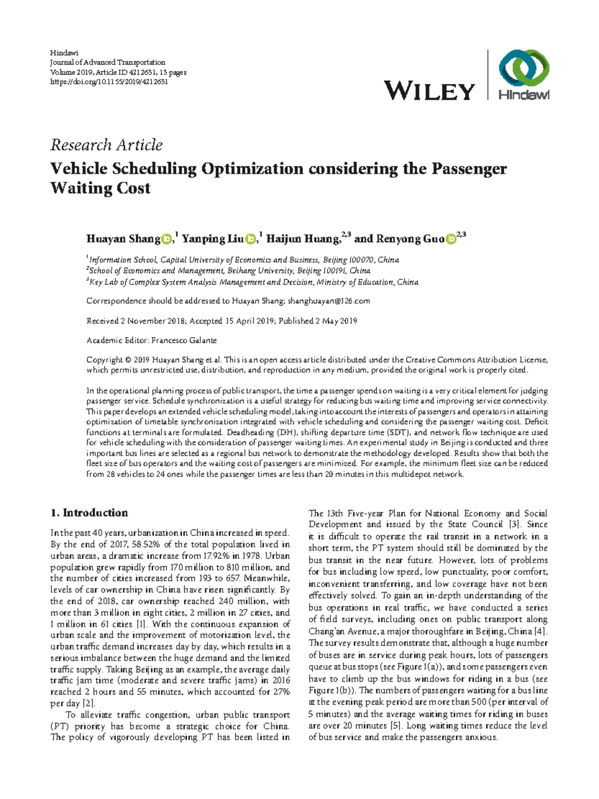 1 Vehicle Scheduling Optimization Considering The Passenger Research Article Vehicle