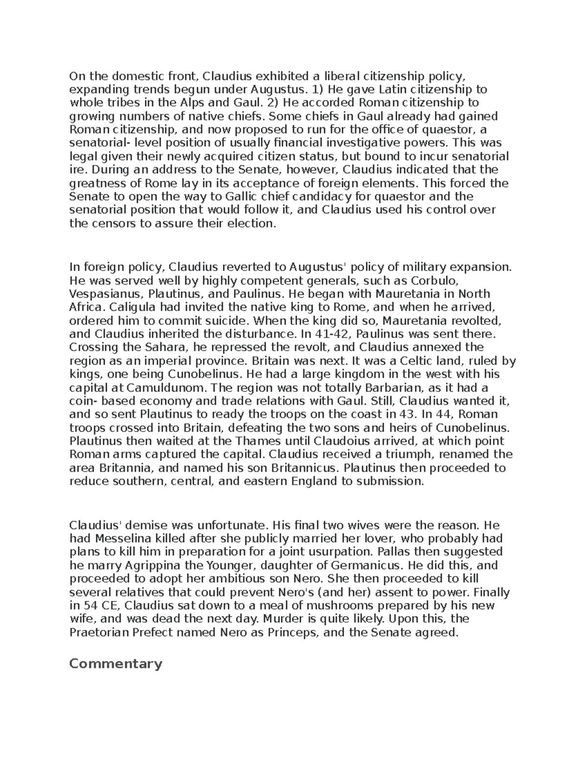 History 14 - Notes - On the domestic front, Claudius exhibited a ...