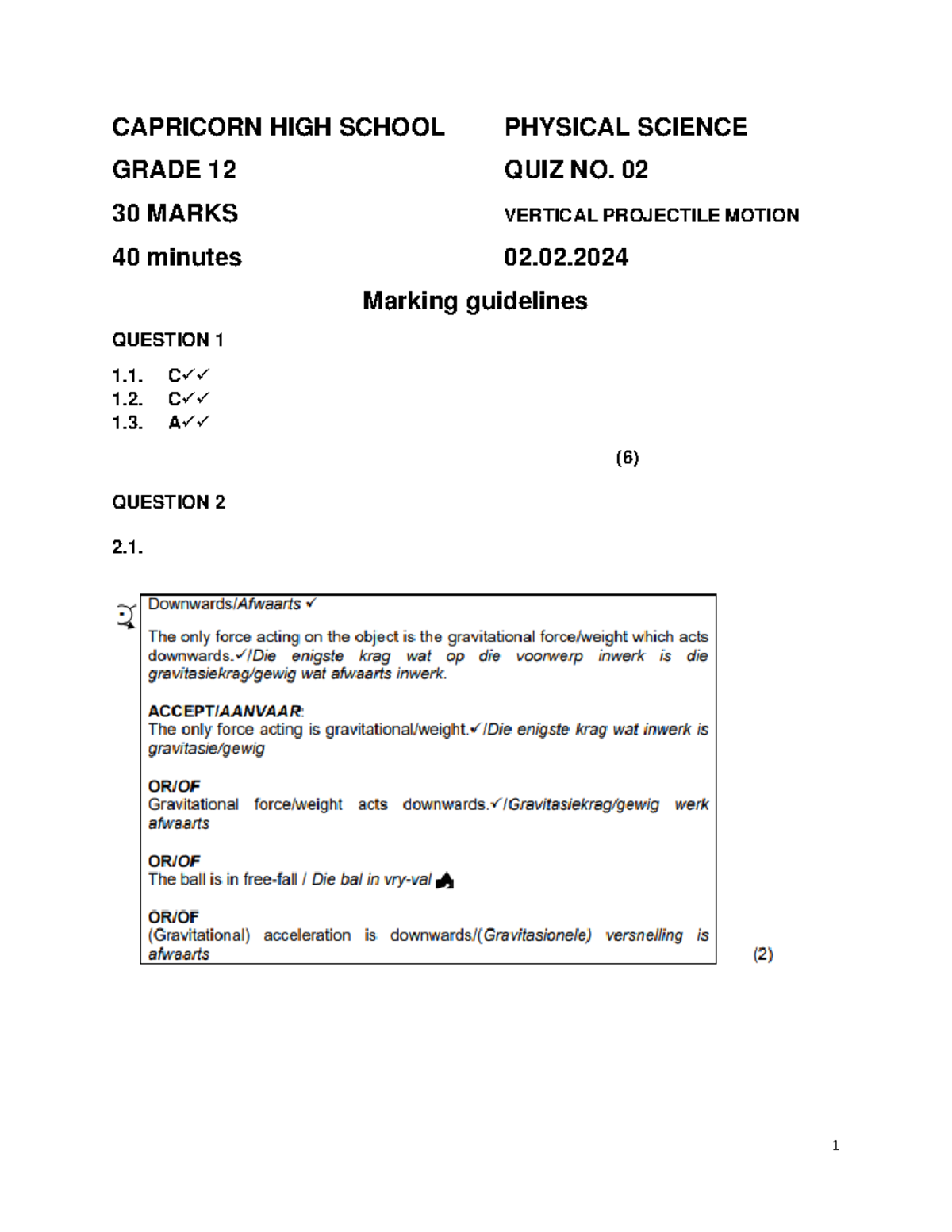 QUIZ 2 MEMO VPM - vertical projectile motion quiz - CAPRICORN HIGH ...
