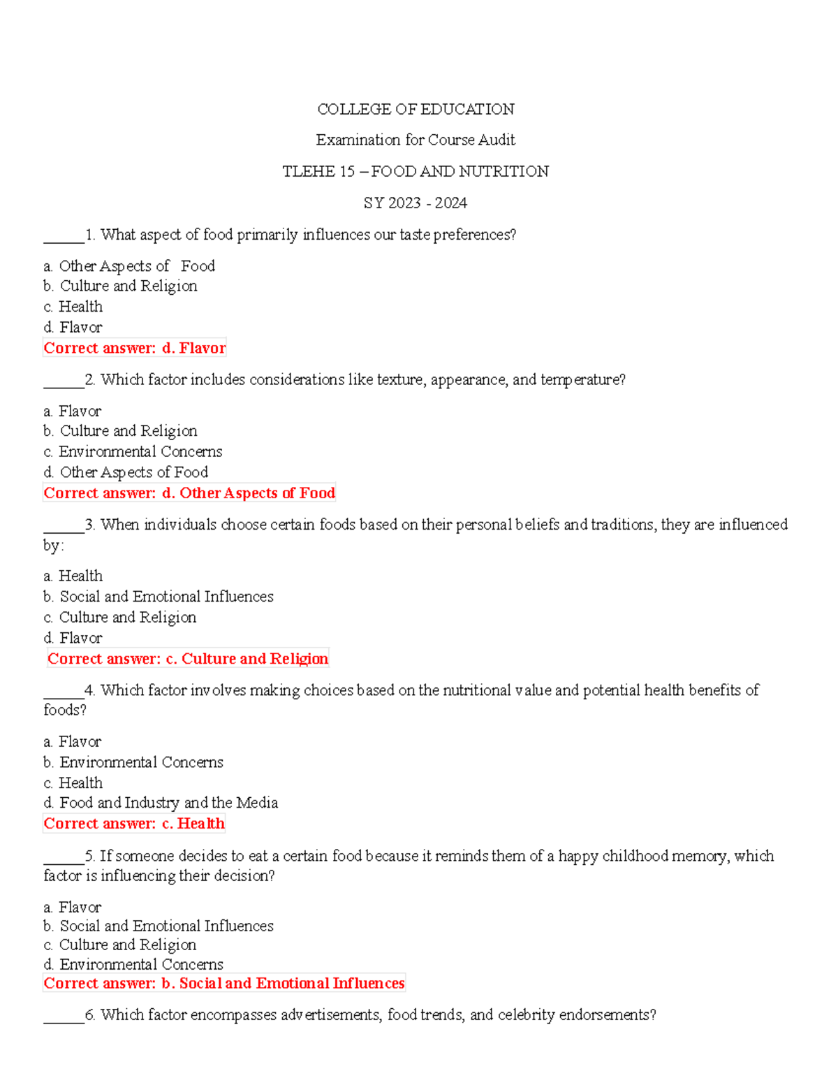 Tlehe 15 food and nutrition exam course audit - COLLEGE OF EDUCATION ...