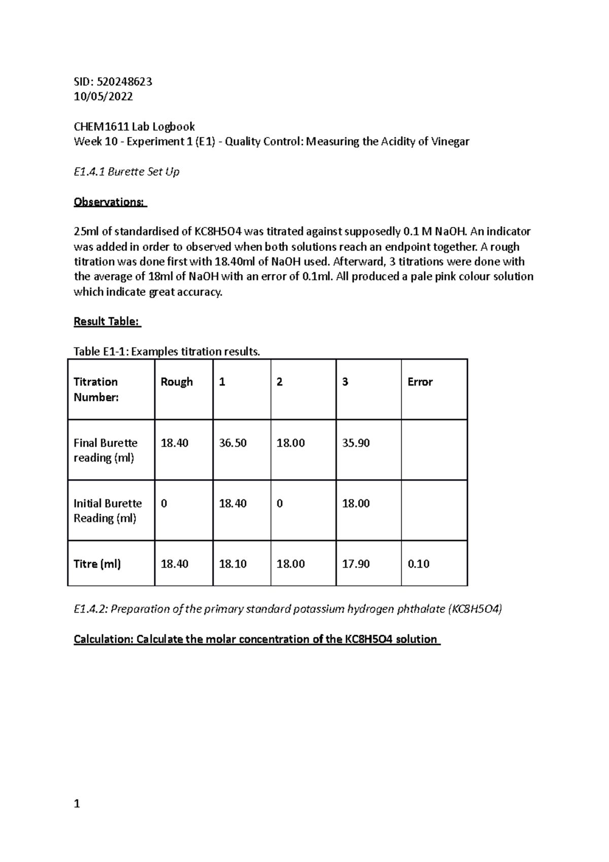 E1 Logbook -Quality Control - SID: 520248623 10/05/ CHEM1611 Lab Logbook Week 10 - Experiment 1 ...