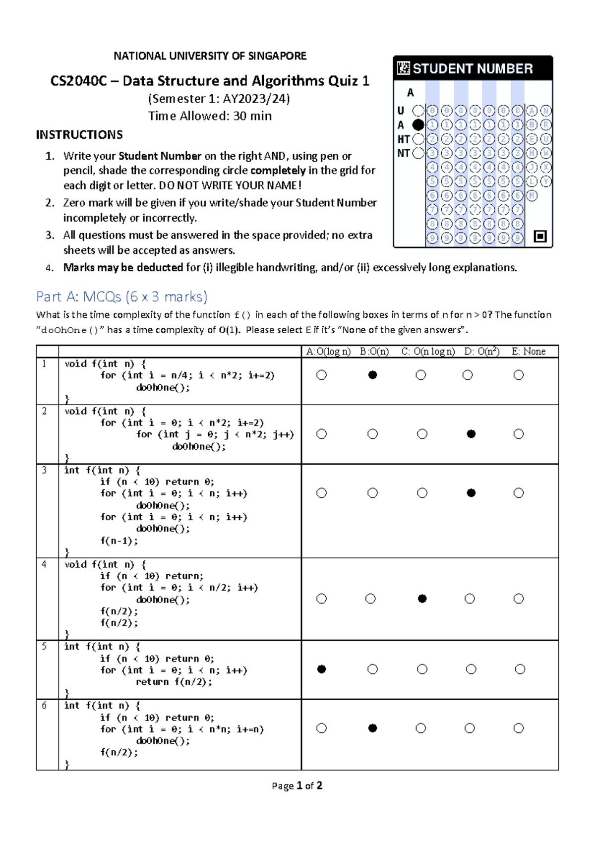 Quiz 1 2023 Sept - Page 1 of 2 NATIONAL UNIVERSITY OF SINGAPORE CS2040C ...