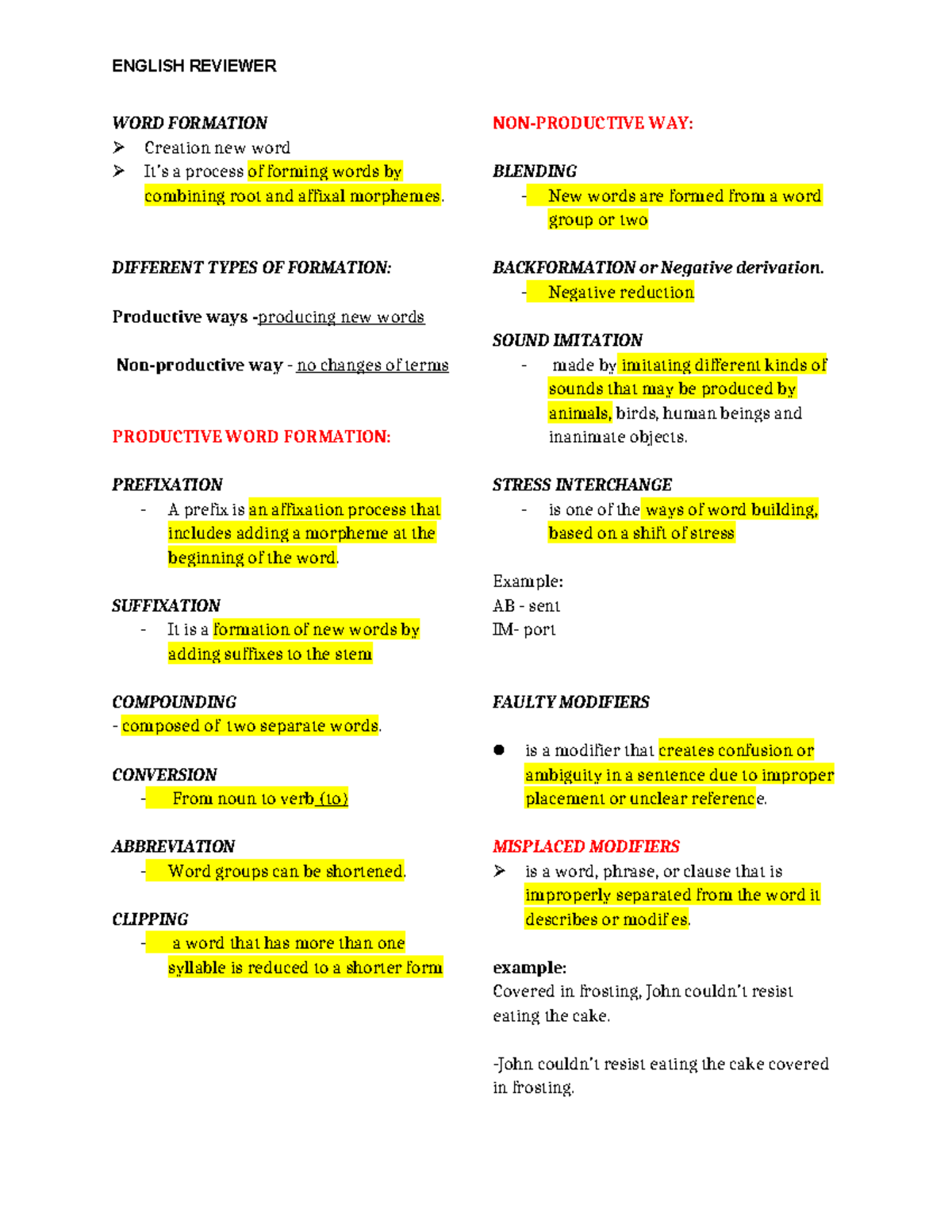 English Reviewer - ENGLISH REVIEWER WORD FORMATION Creation new word It ...