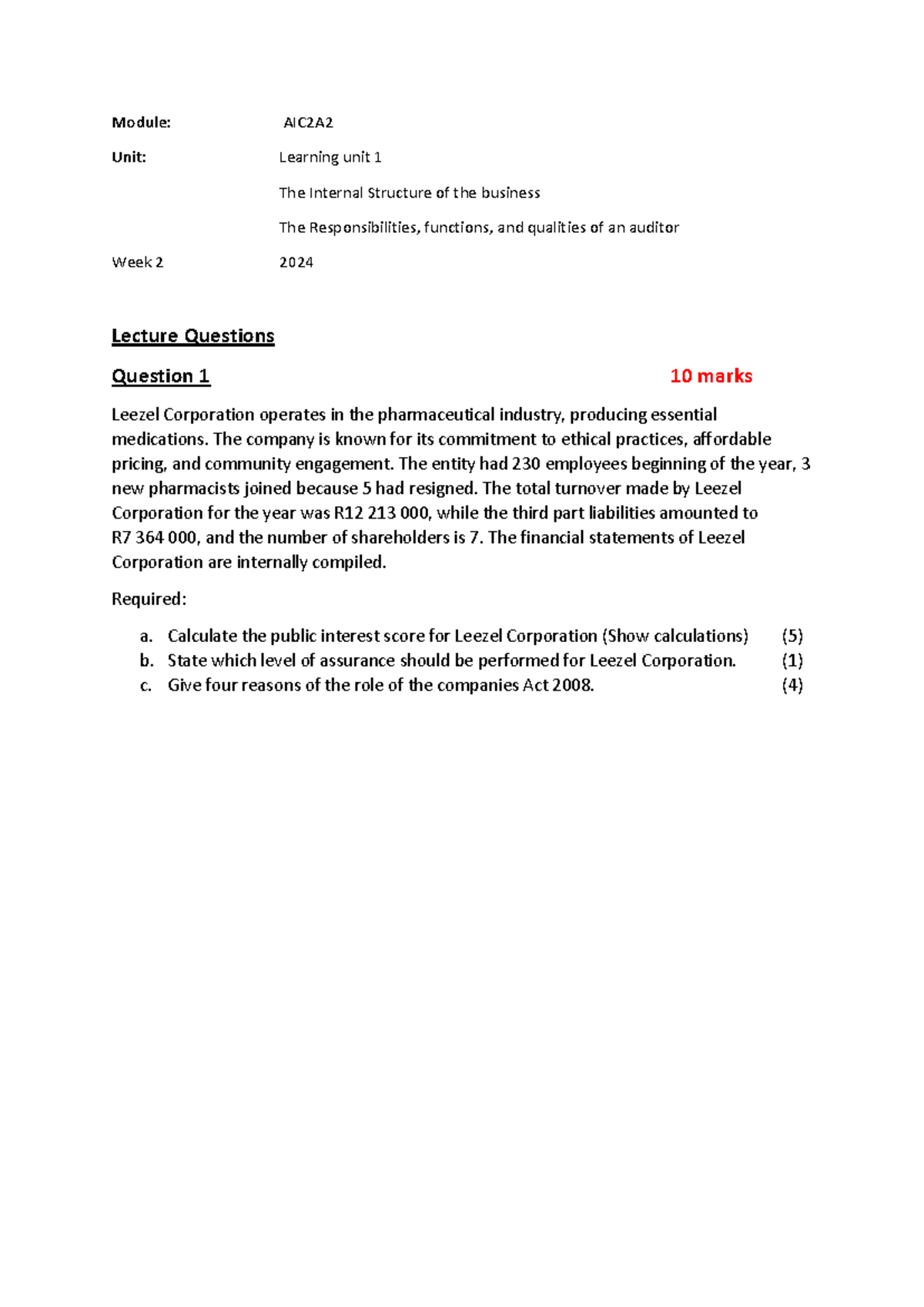 Class practice question 2 Week 2 - Module: AIC2A Unit: Learning unit 1 ...
