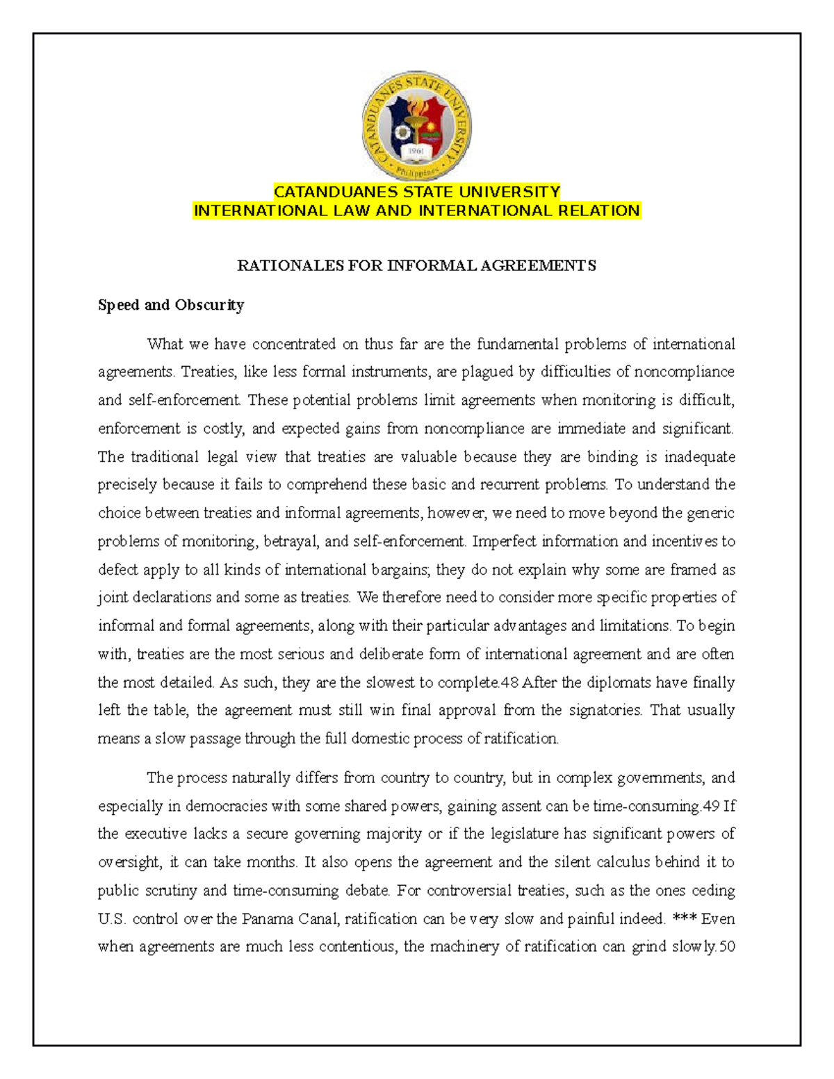 Rationales FOR Informal Agreements - CATANDUANES STATE UNIVERSITY ...