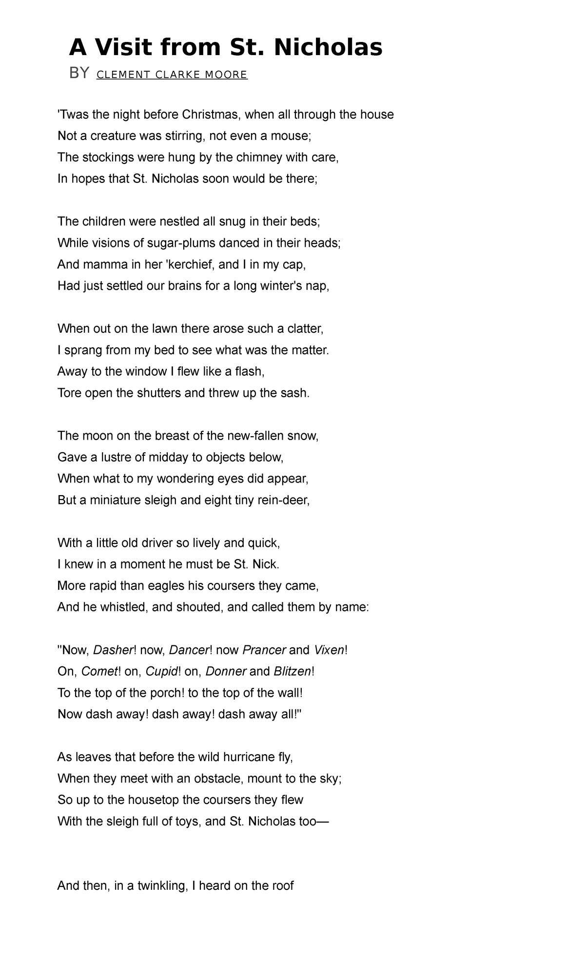 A Visit From St. Nicholas - A Visit from St. Nicholas BY C LEM EN T CL ...