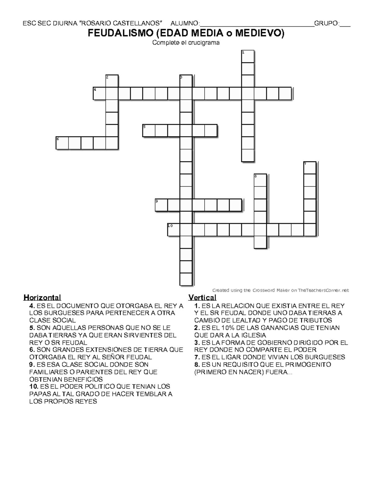 Cricigrama Feudalismo - FEUDALISMO (EDAD MEDIA o MEDIEVO) Complete el ...