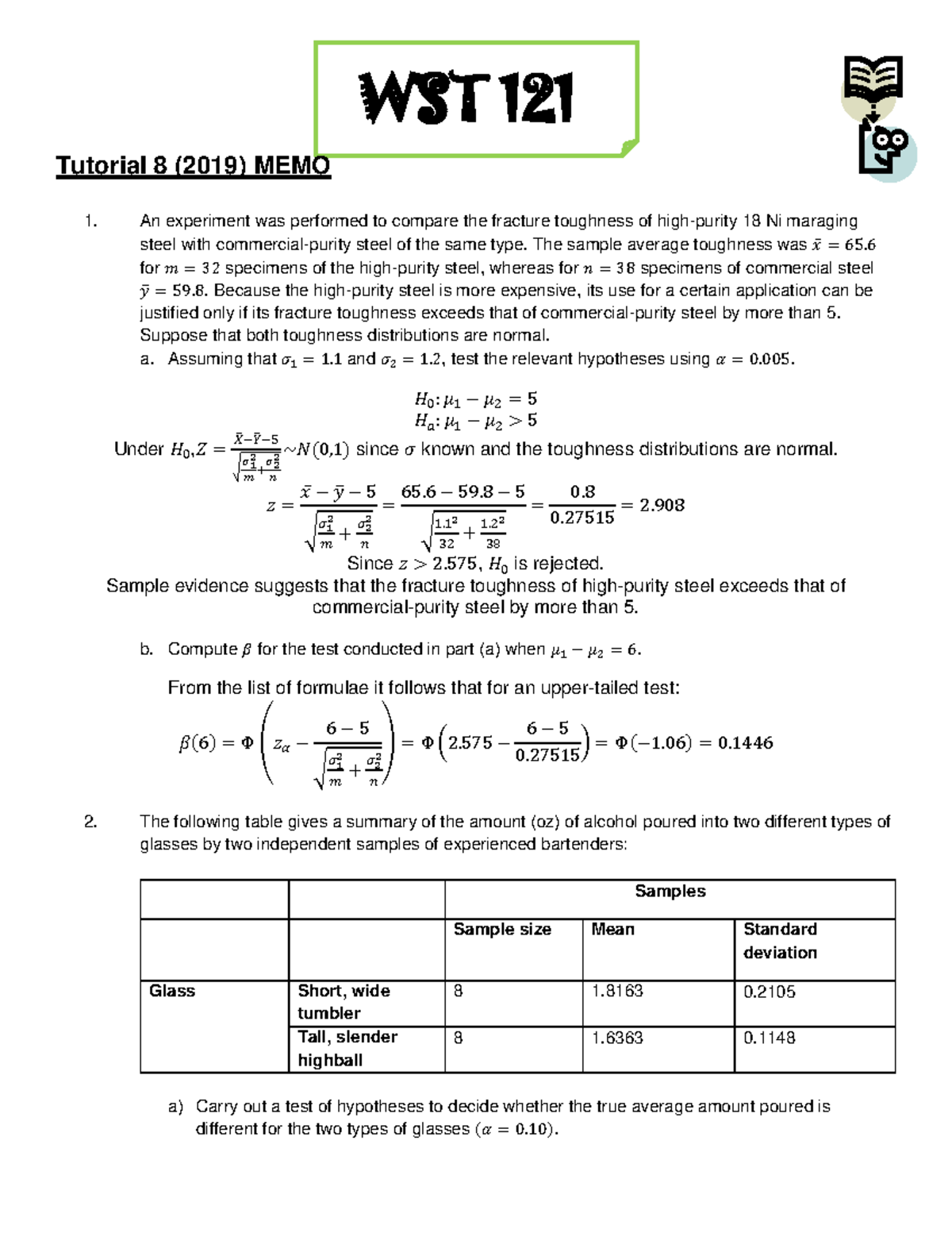 Tutorial 8 Memo - WST 121 Tutorial 8 (2019) MEMO 1. An experiment was performed to compare the ...