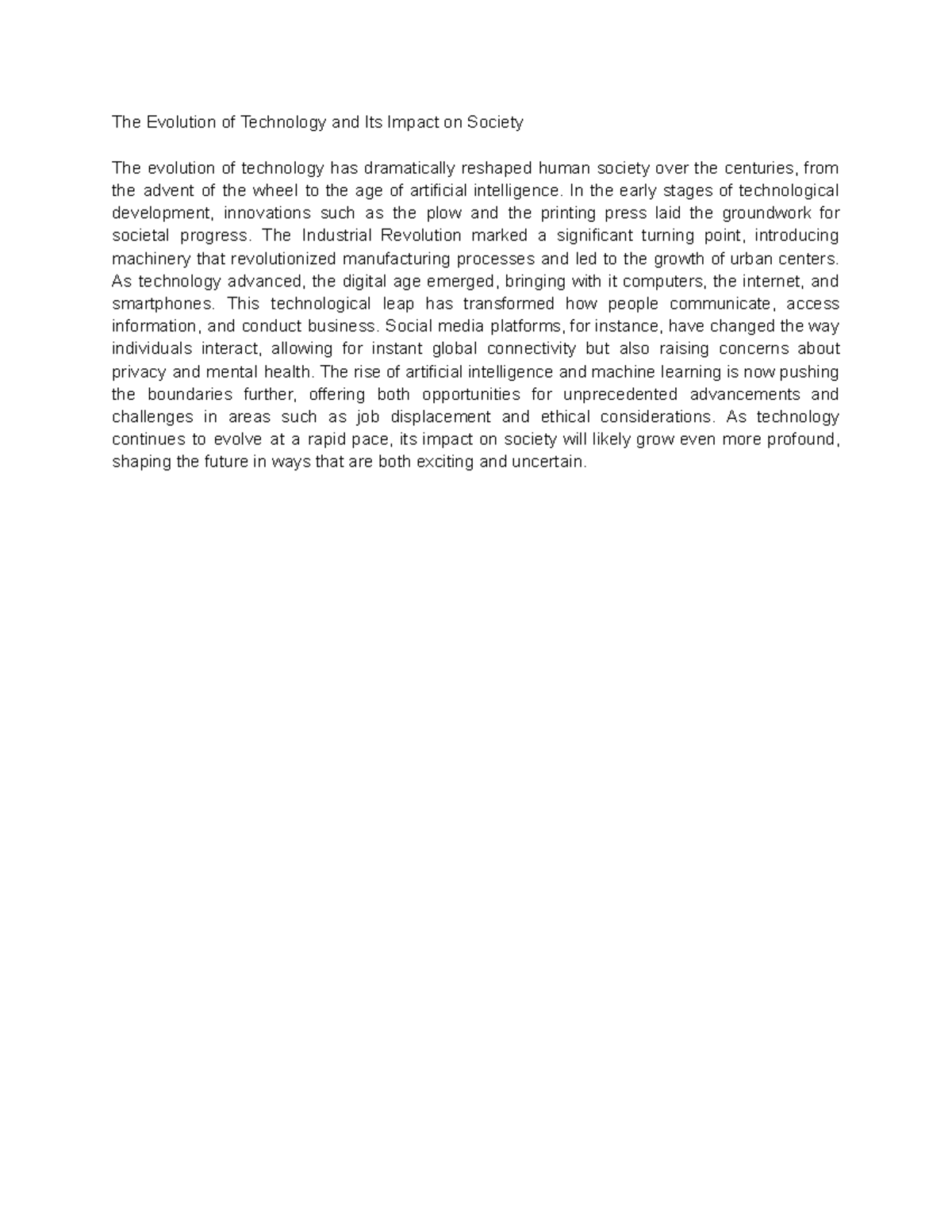 Course 1 - Sociology - The Evolution of Technology and Its Impact on ...