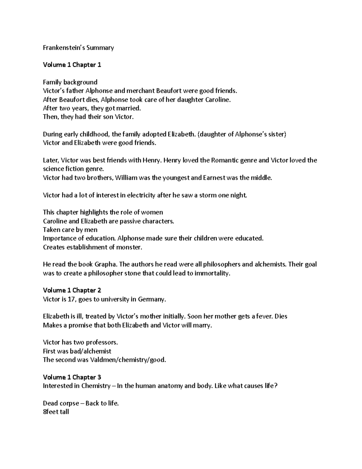 Frankenstein(1818) summary CH01-03 - Frankenstein9s Summary Volume 1 ...