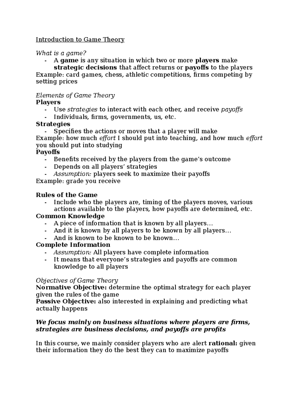 Econ Class Notes Final - Introduction to Game Theory What is a game ...
