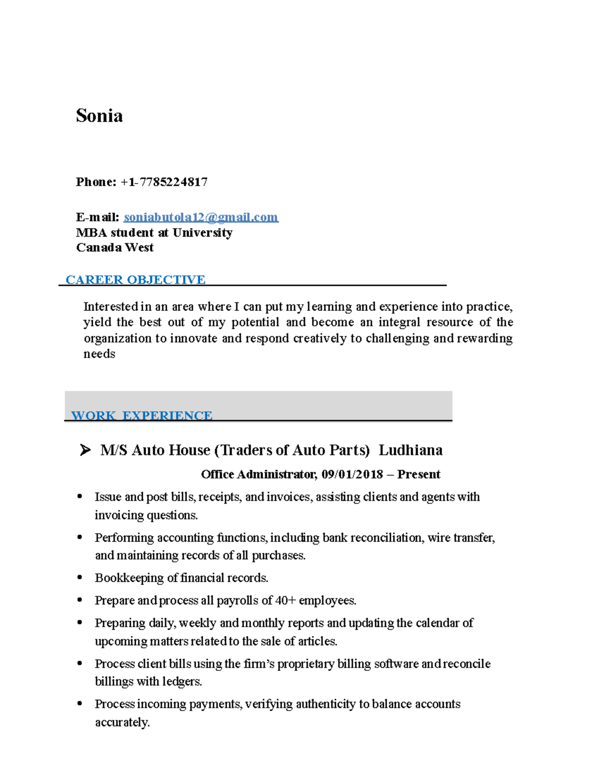 Sonia Resume - Hijdjcvkvlbv - Sonia Phone: +1- E-mail: soniabutola12@gmail MBA student at ...