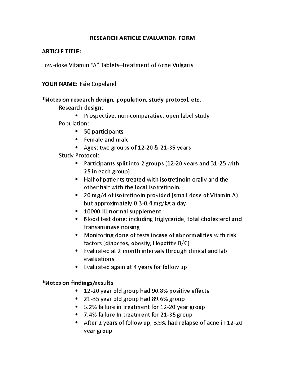 Article Review Vitamin A - RESEARCH ARTICLE EVALUATION FORM ARTICLE ...