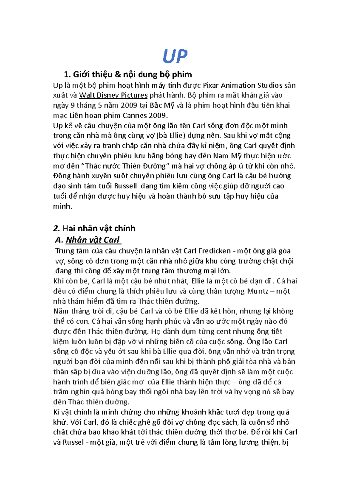 UP-NDH - bai lam up - UP 1. Gi ới thi u & n i dung b ệ ộ ộphim Up là m ...
