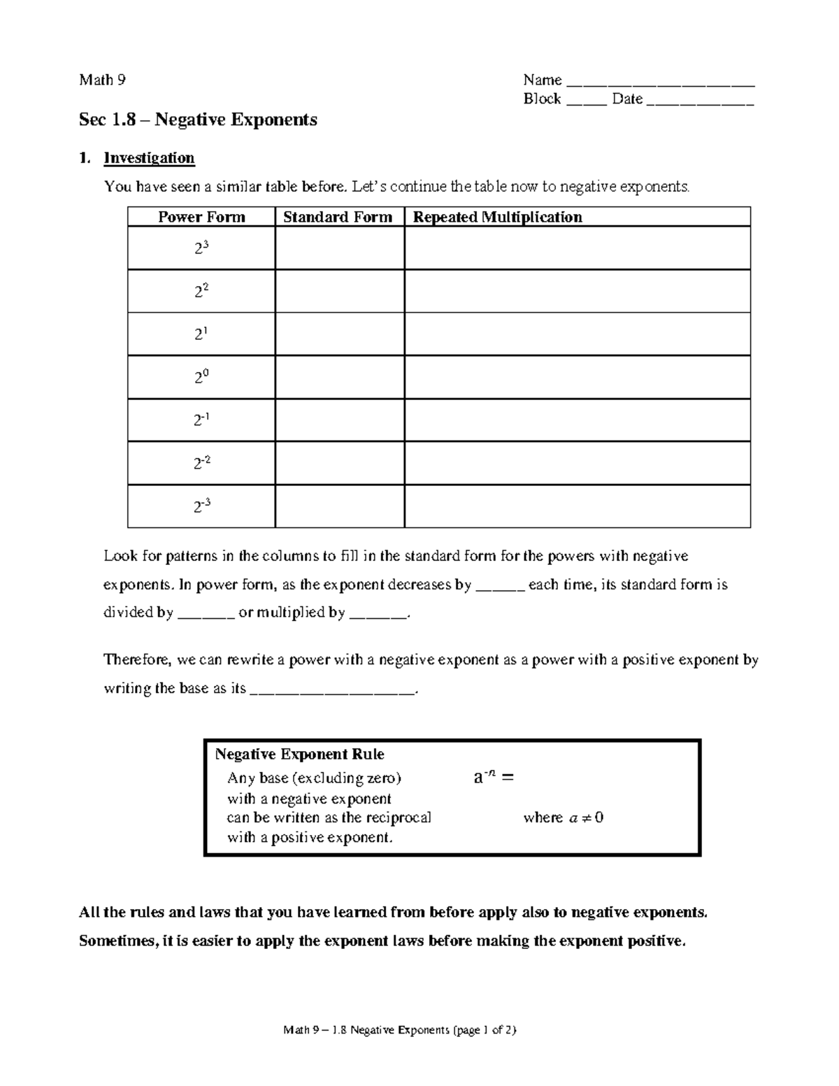 Ma9 1 8 Negative Exponents Math 9 1 Negative Exponents page 1 Of 2