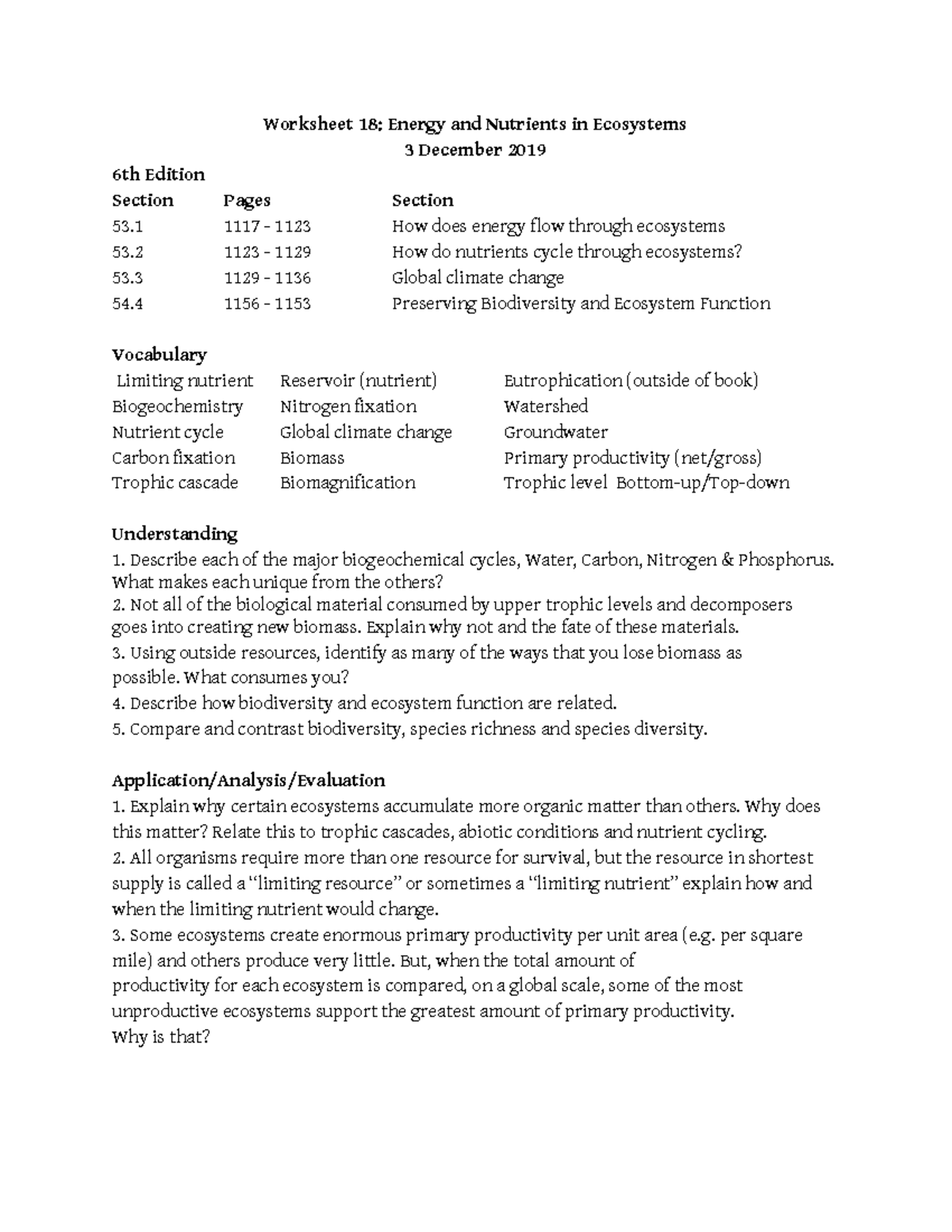 Worksheet 18 - Biology - Worksheet 18: Energy and Nutrients in ...