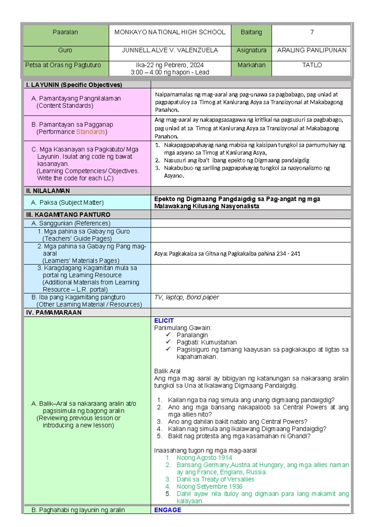 Lead Lp - LESSON PLAN - Paaralan MONKAYO NATIONAL HIGH SCHOOL Baitang 7 ...