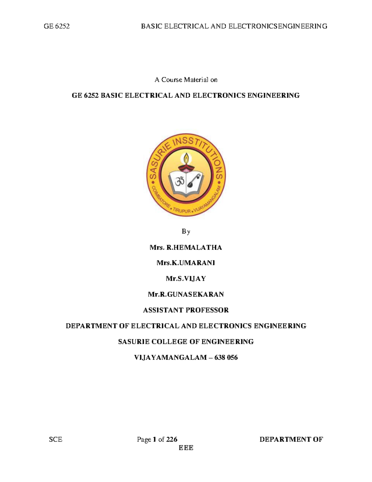 Basic electrical and electronics engineering - SCE Page 1 of 226 ...