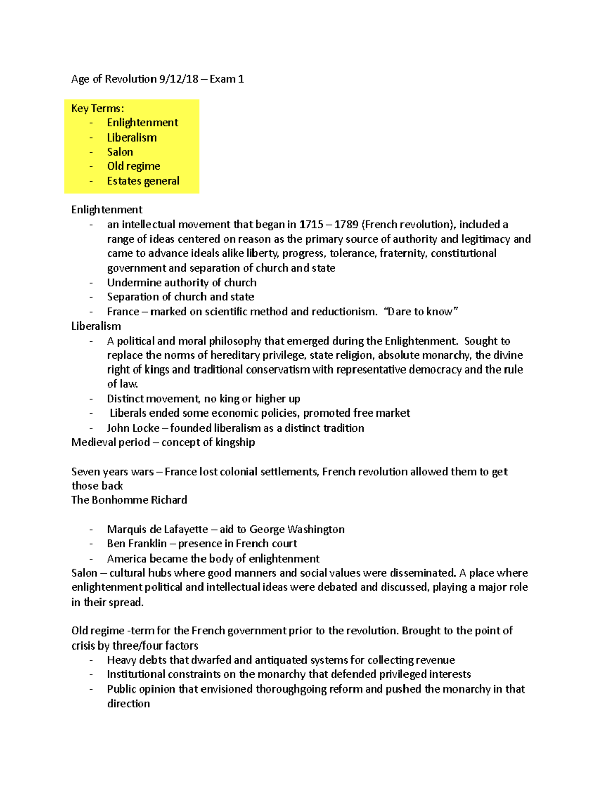Age of revolution - exam 1 notes - Age of Revolution Exam 1 Key Terms ...