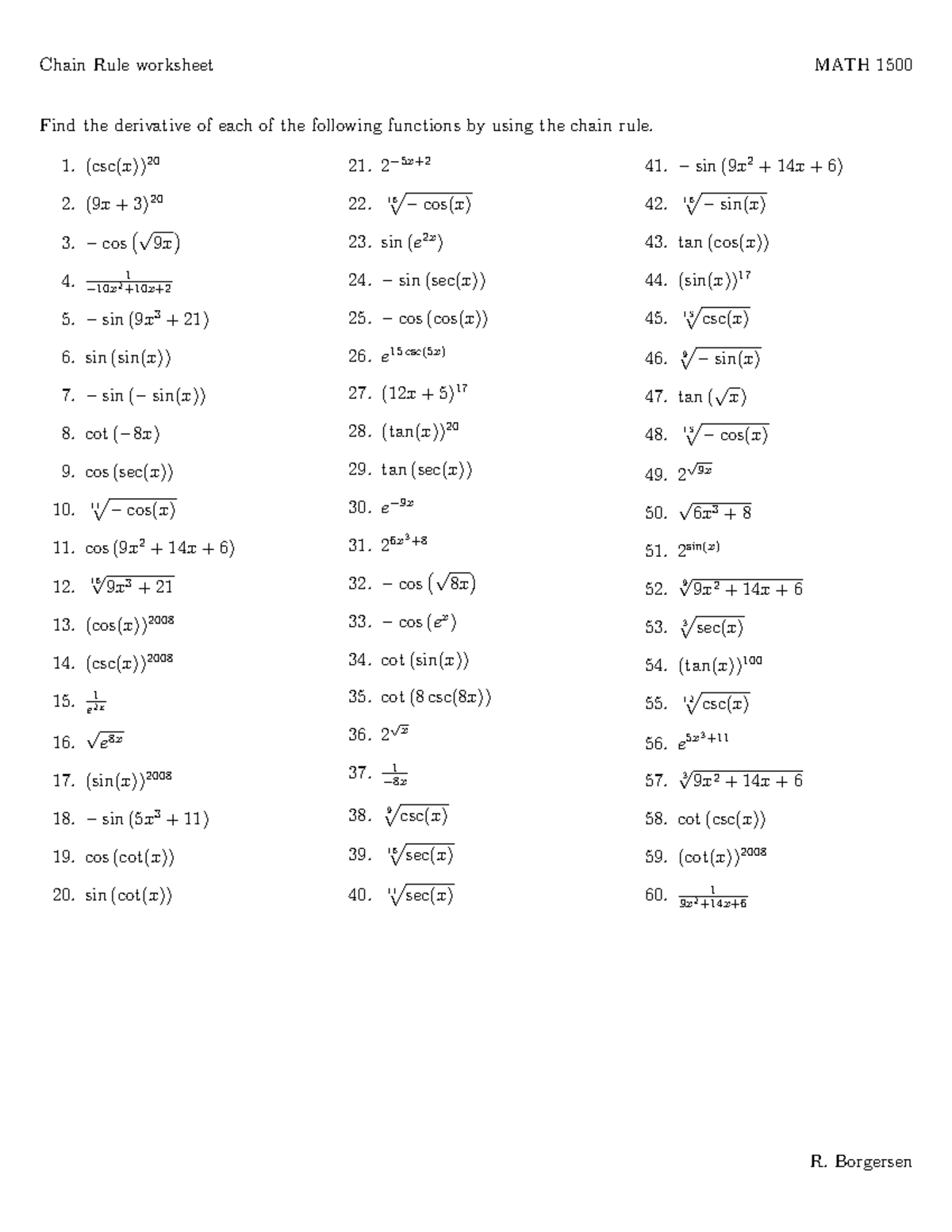 Chain Rule Worksheet-No Logs - Chain Rule worksheet MATH 1500 Find the ...