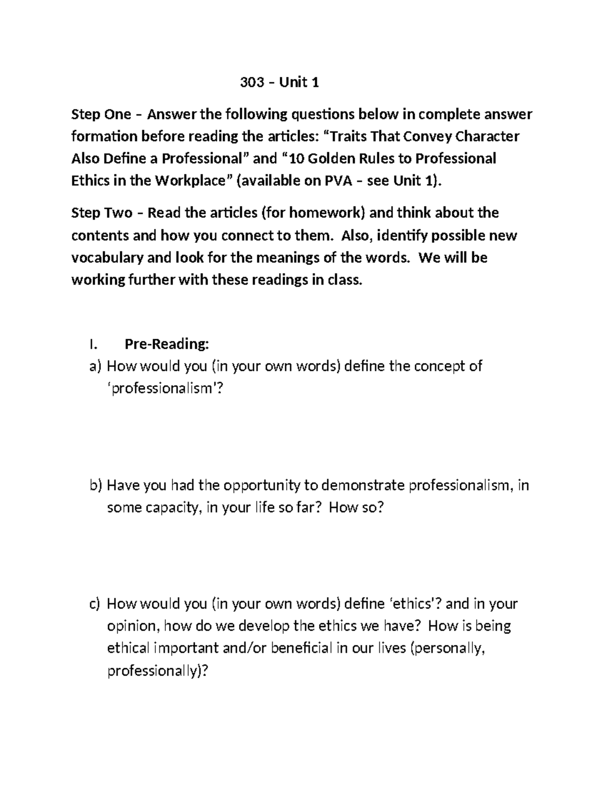 303 - Pre-reading Questions (Unit 1 - Being a Professional) - 303 ...