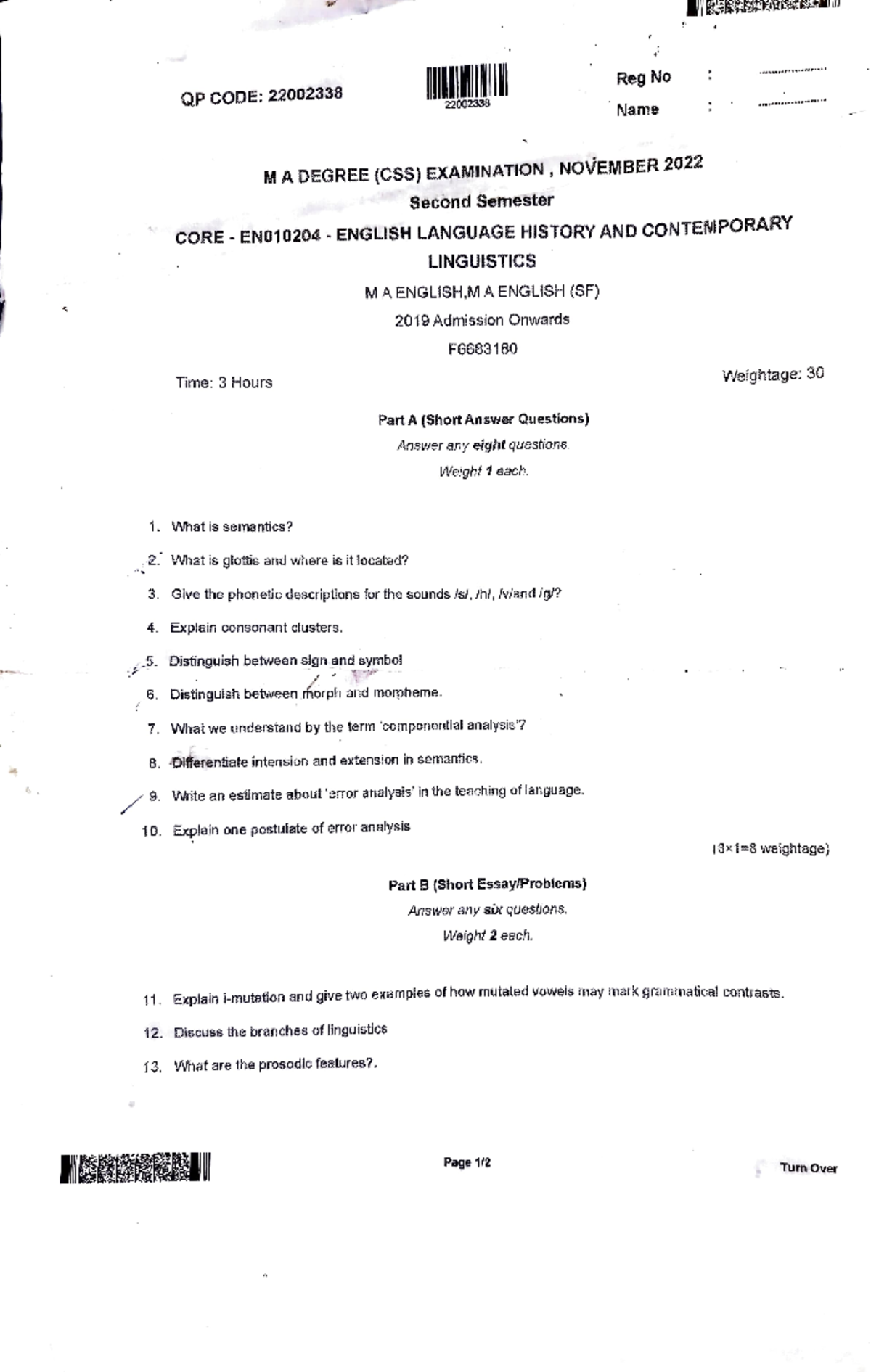 Last year Question paper - QP CODE: 22002338 Time: 3 Hours MA DEGREE ...