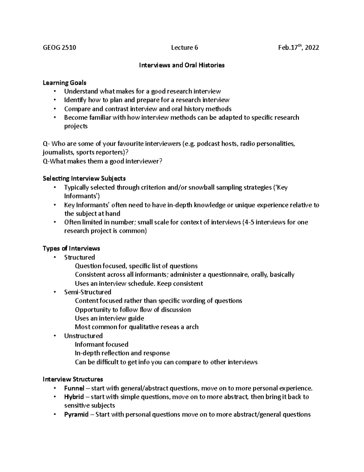 GEOG 2510 Lecture 6 - GEOG 2510 Lecture 6 Feb, 2022 Interviews and Oral ...