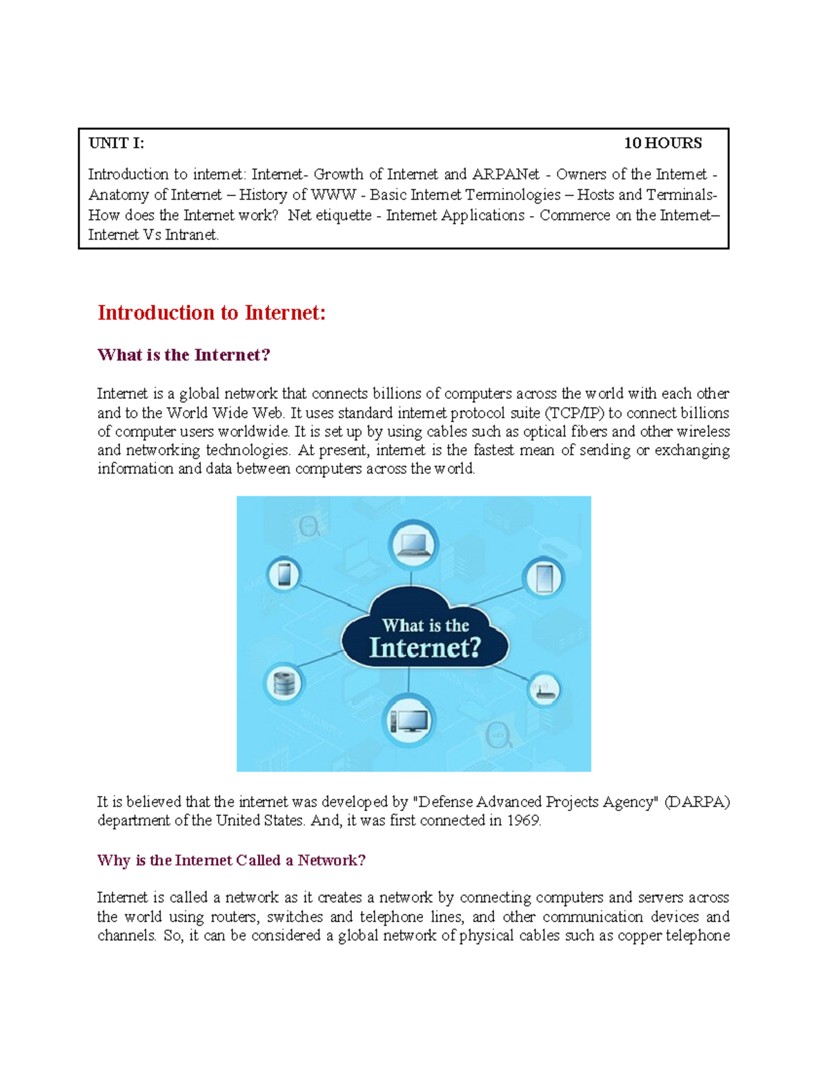 UNIT- I - Introduction to Internet: What is the Internet? Internet is a ...
