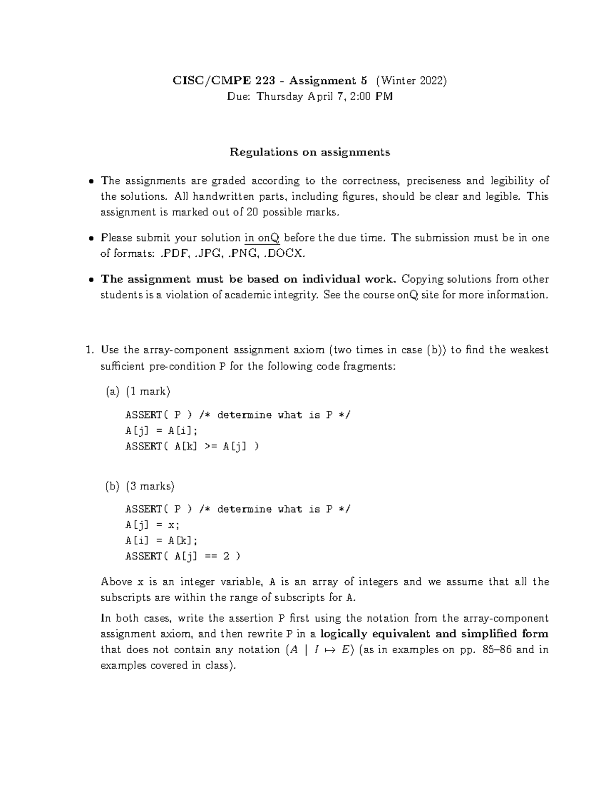 A5W22 - assignment 5 - CISC/CMPE 223 - Assignment 5 (Winter 2022) Due: Thursday April 7, 2:00 PM ...