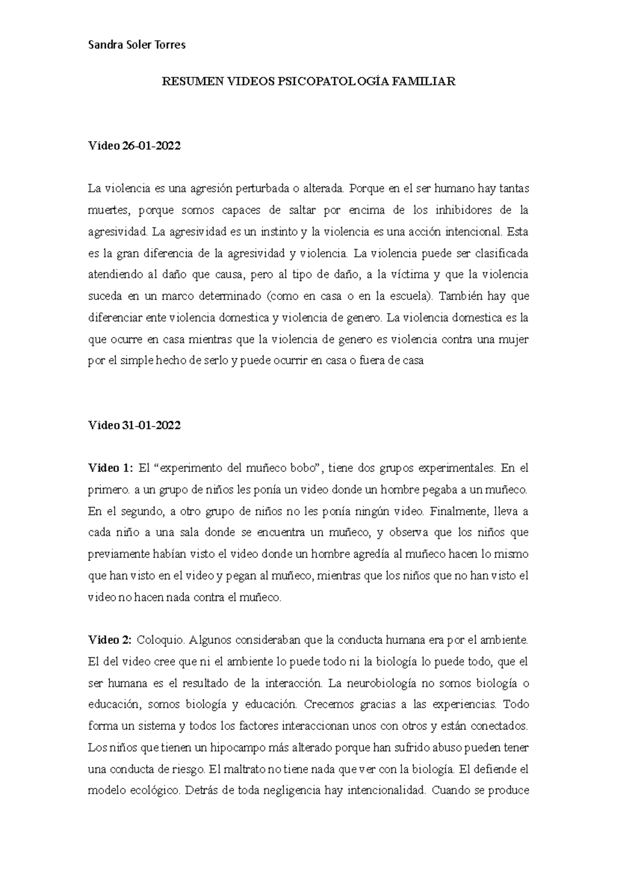 Resumen Videos PsicopatologíA Familiar- Sandra Soler Torres - RESUMEN ...