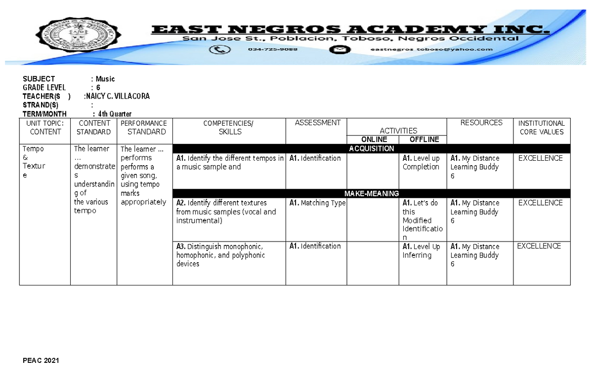 Music 6 CM 4th Quarter - none - PEAC 2021 SUBJECT : Music GRADE LEVEL ...