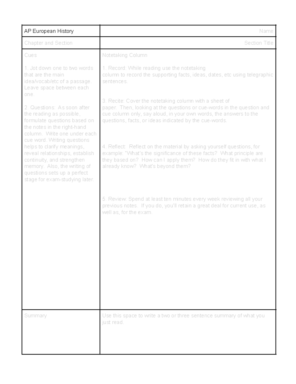 Cornell Notes Template - AP European History Name Chapter and Section ...