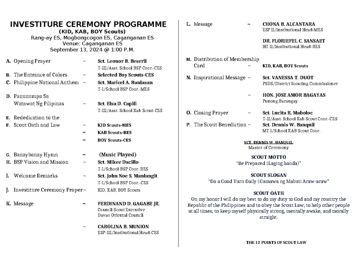 Investiture-Ceremony-Program - INVESTITURE CEREMONY PROGRAMME (KID, KAB, BOY Scouts) Rang-ay ES ...